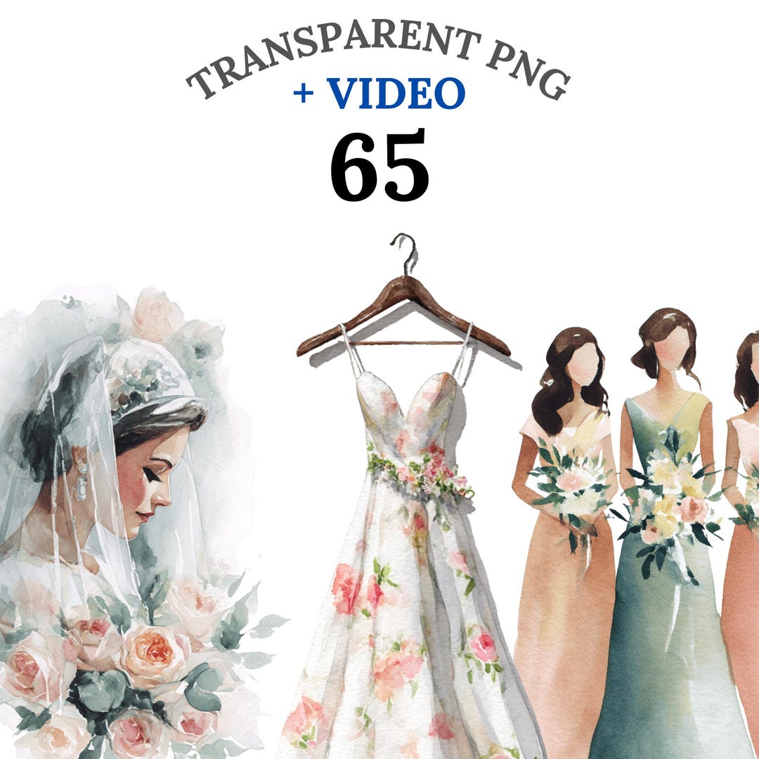 65 imágenes prediseñadas de boda PNG + vídeo, pareja de novios, pastel ...