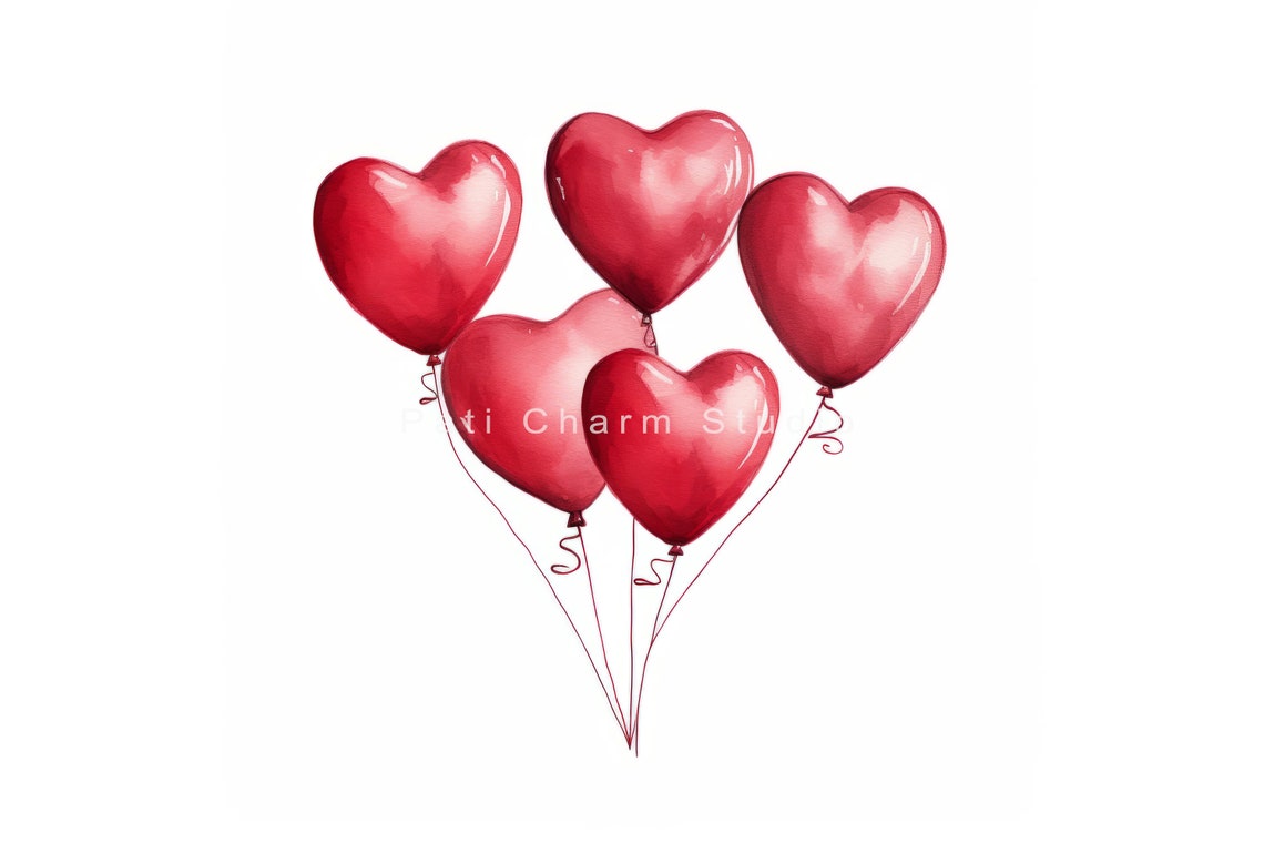 Watercolor Heart Balloons Clipart Bundle, Valentines Day Clipart ...