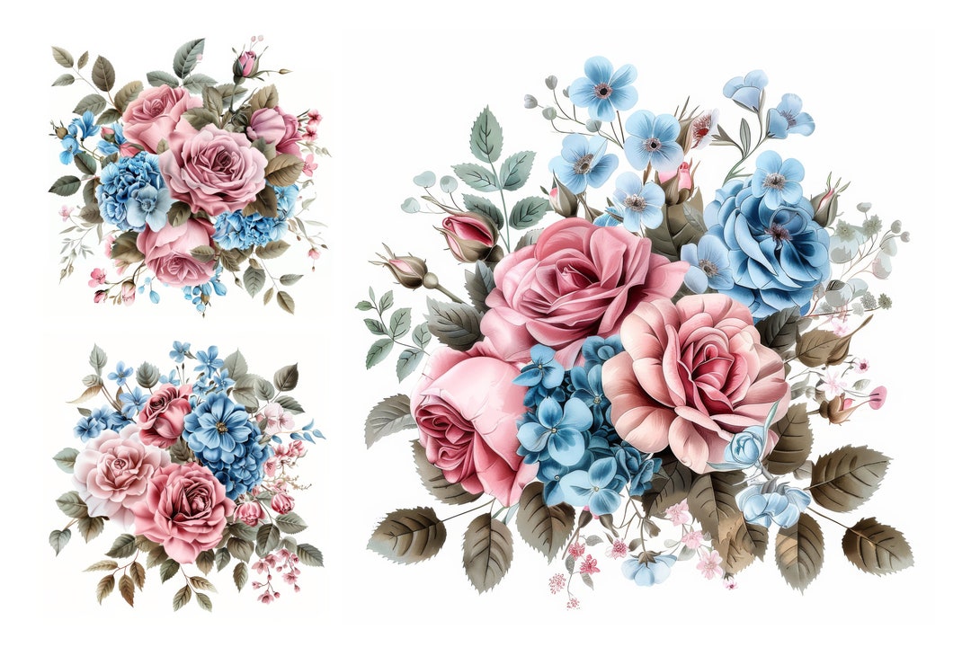 Watercolor Blue Pink Flowers Clipart Bundle, Flower Clipart, Wedding ...