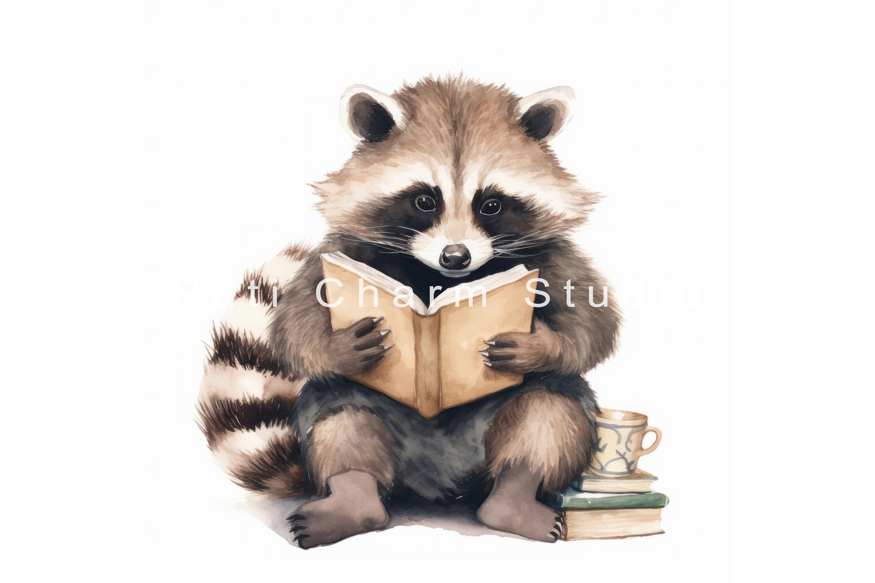 Watercolor Raccoon With Book Clipart Bundle, Woodland Animal, School ...
