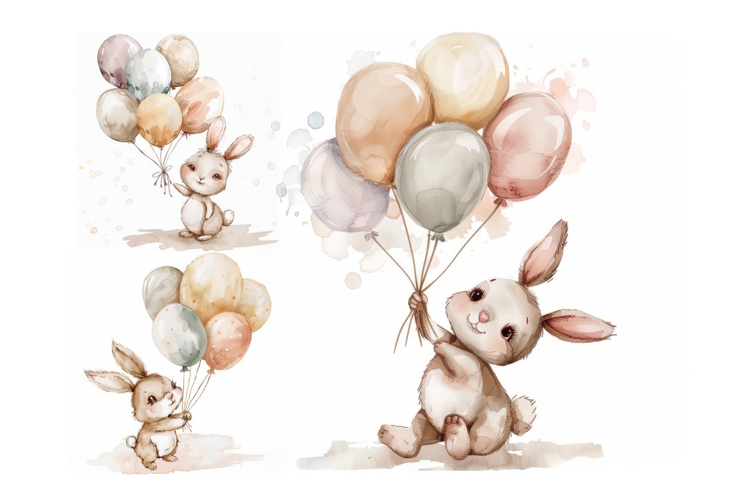 9 Sweet Bunny Flying on Balloons Clipart Bundle, High Quality Jpgs ...