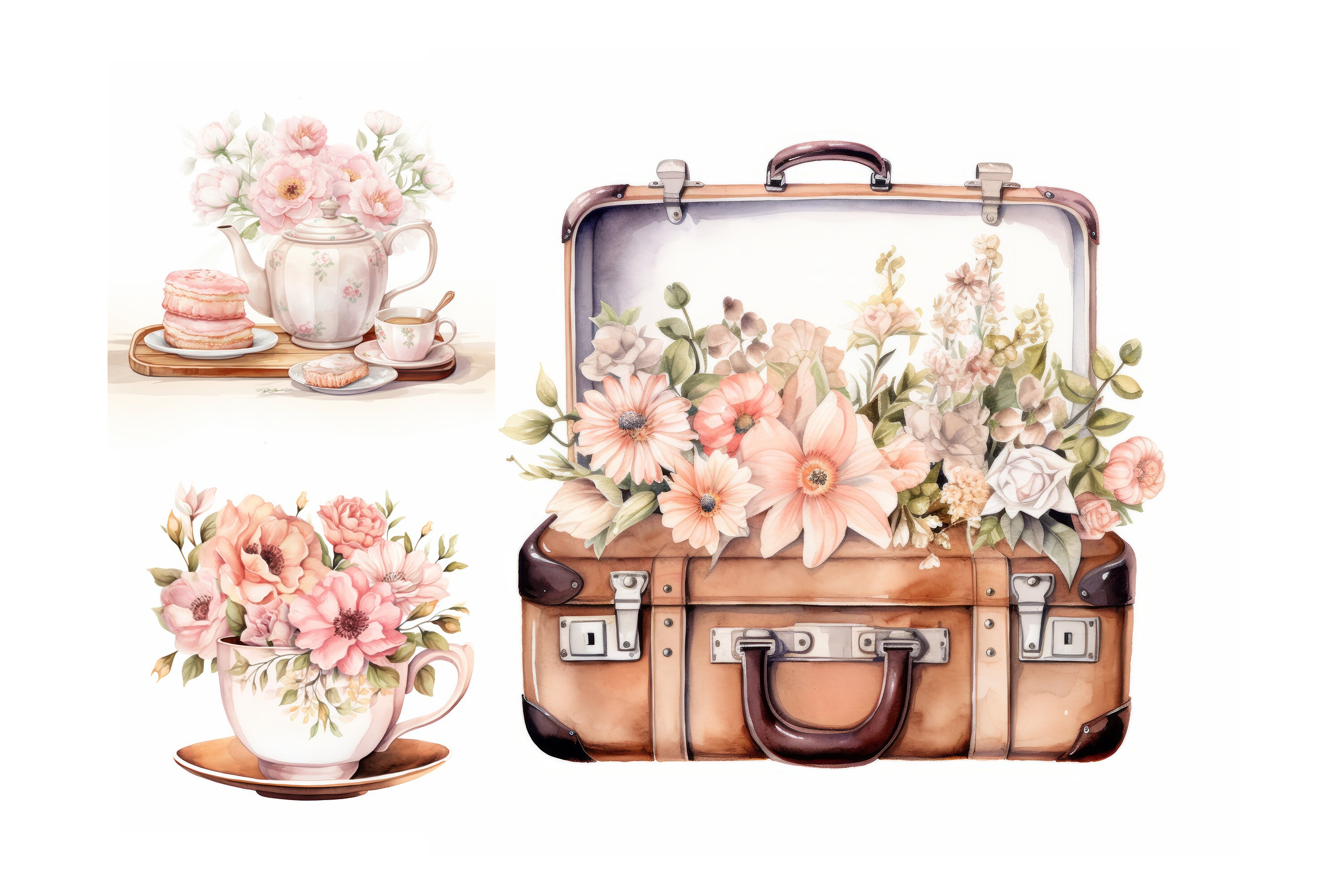 English Tea Party Clipart Bundle 9 High Quality Jpgs, Watercolor Teacup ...