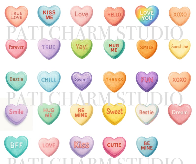 Candy Heart Clipart Set, Conversation Hearts PNG, Valentine Candy ...