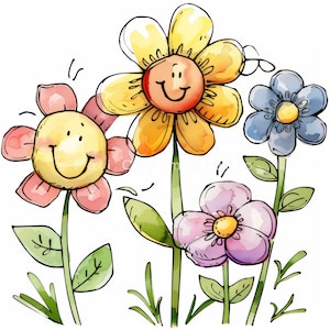 Happy Flowers Clipart Bundle, High Quality Jpgs, Watercolor Floral ...