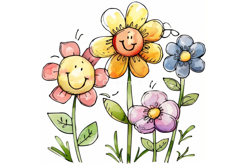 Happy Flowers Clipart Bundle, High Quality Jpgs, Watercolor Floral ...