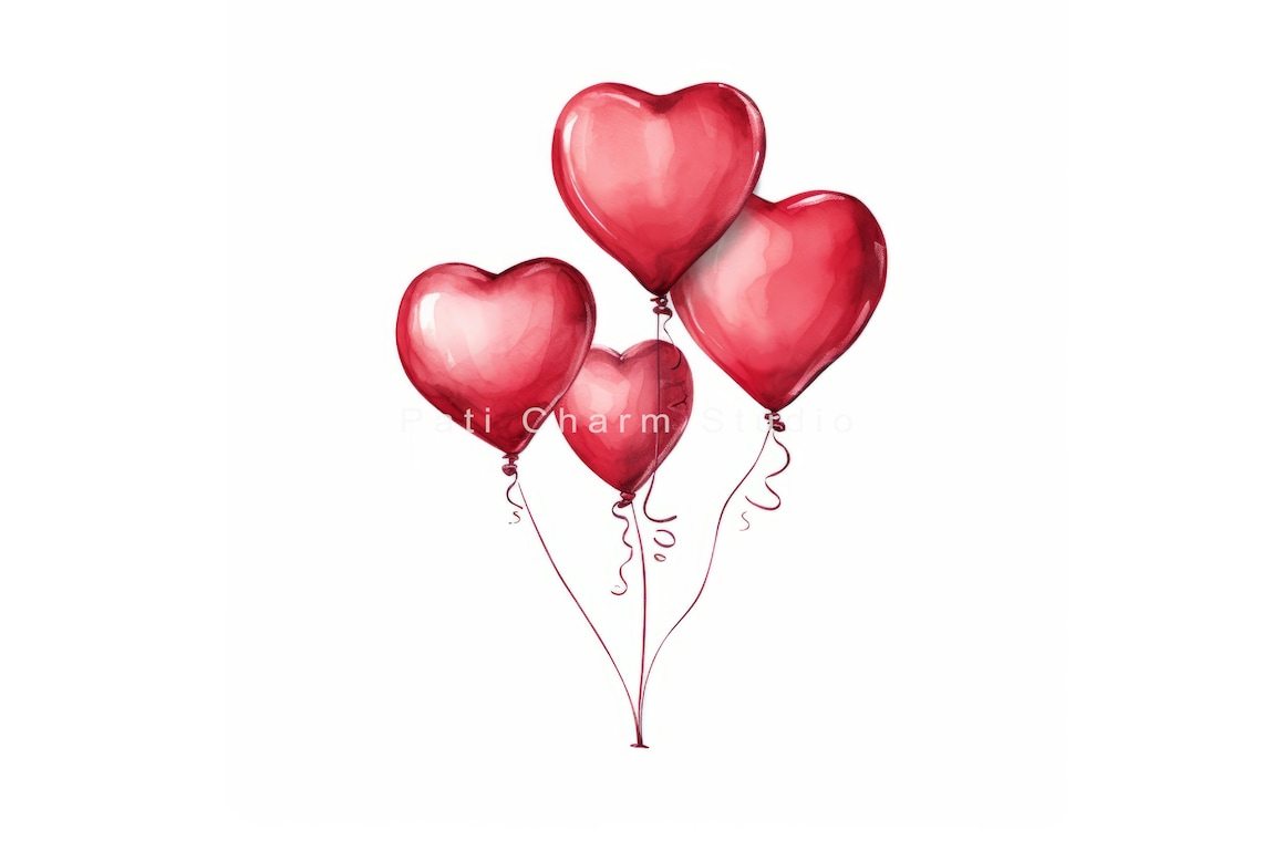 Watercolor Heart Balloons Clipart Bundle, Valentines Day Clipart ...