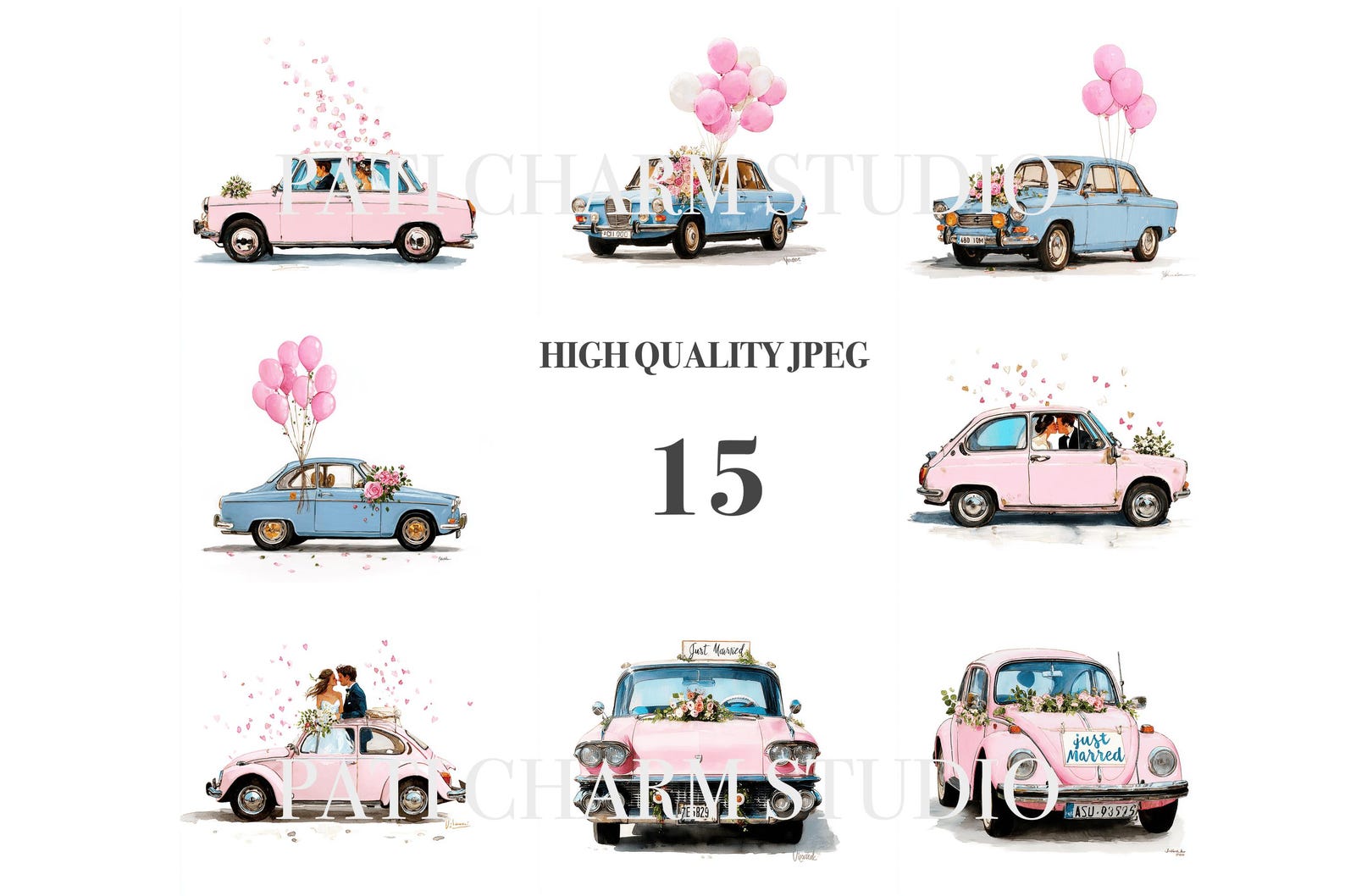 Wedding Cars Clipart, Vintage Wedding Car Illustrations, Just Married ...