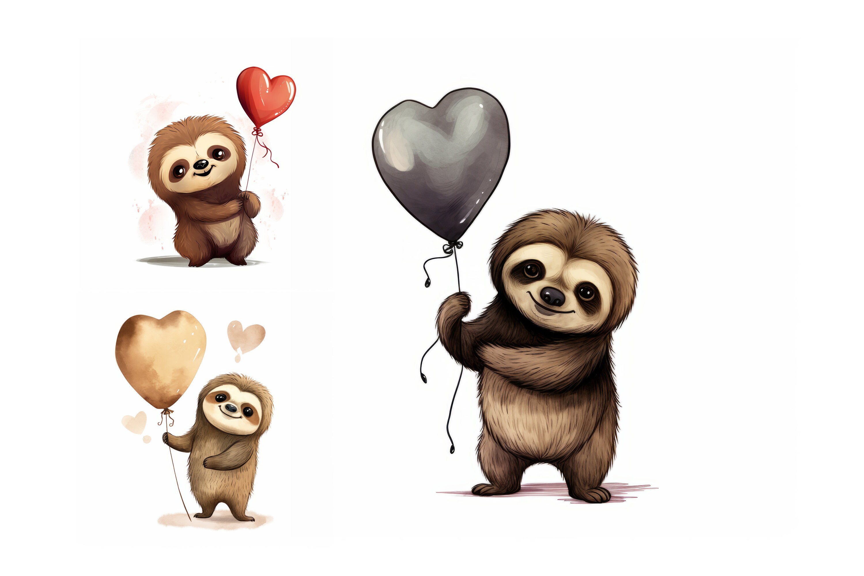 Watercolor Sloth With Heart Balloon Clipart Bundle, Instant Download ...