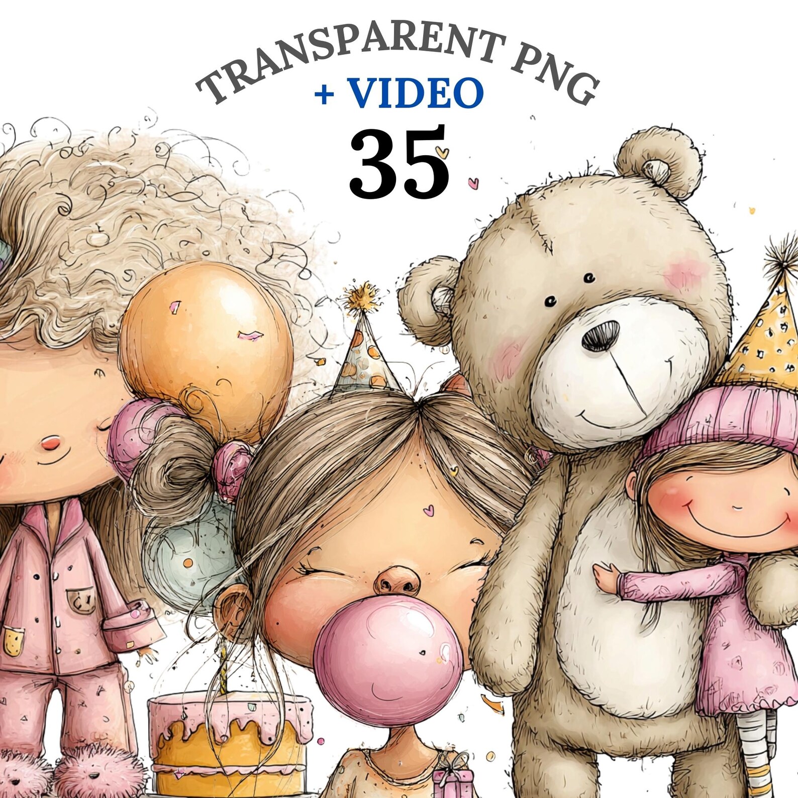 35 Birthday Girl Clipart PNG + Video, Quirky Party Clipart, Cute Girl ...