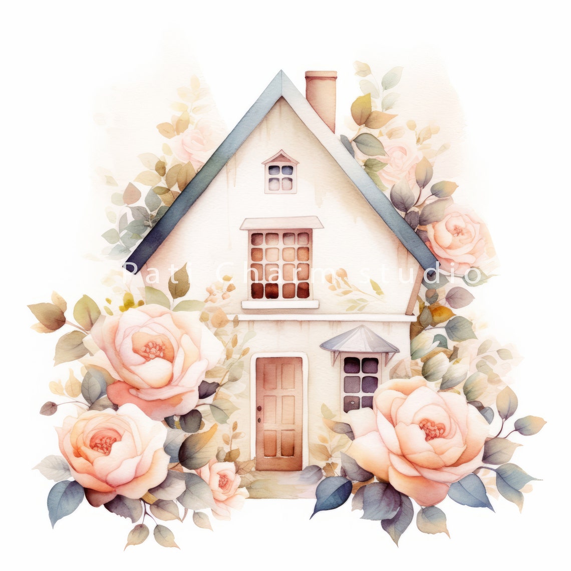 Pink Floral House Clipart, High Quality Jpgs, Blush Roses House Clipart ...