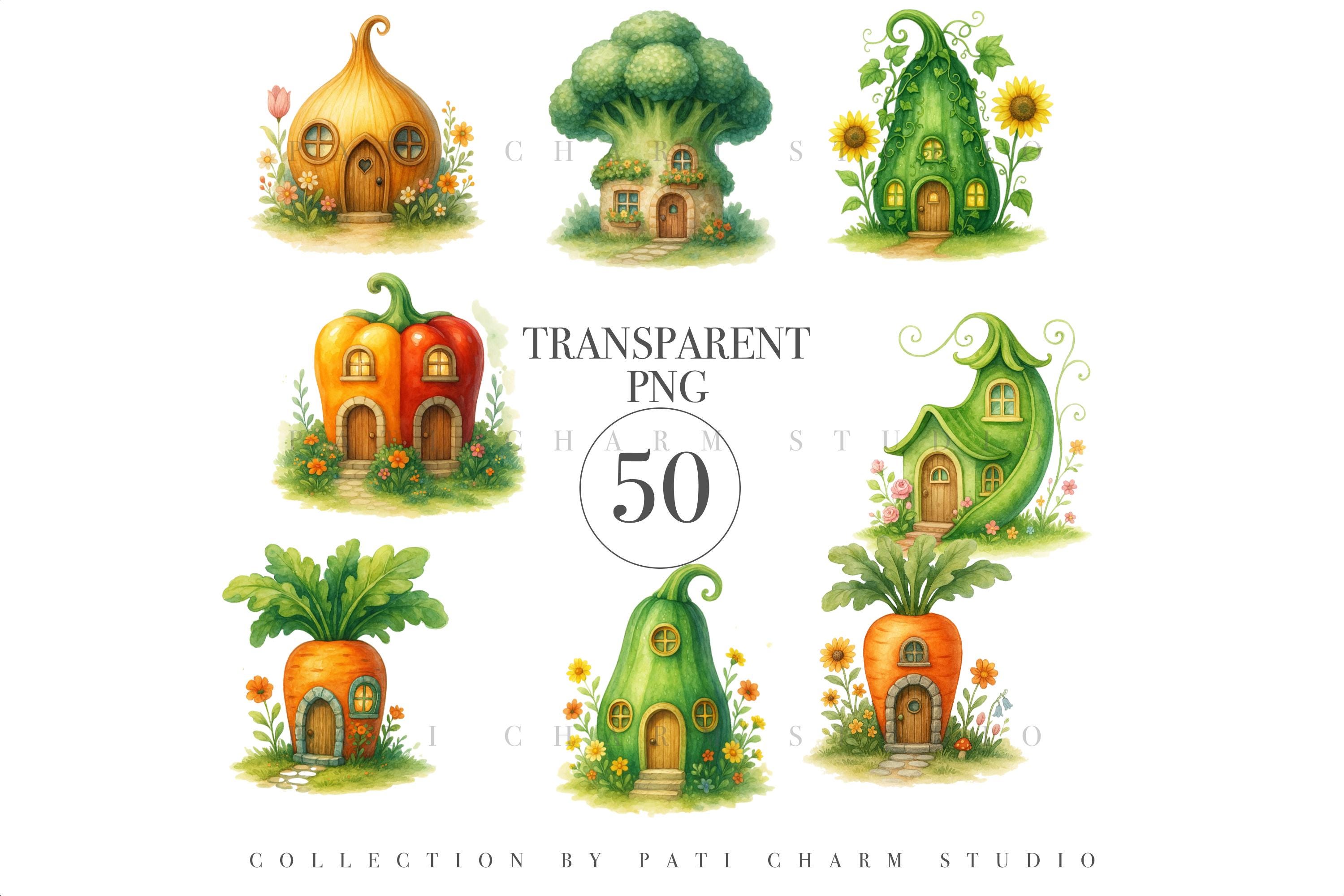 50 Vegetable House Clipart Set, Whimsical Garden Cottage PNG, Carrot ...