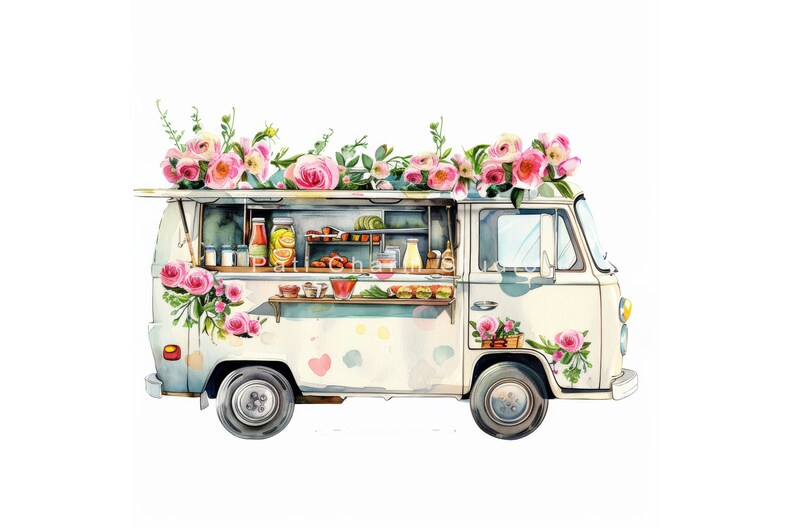Floral Food Truck Clipart Bundle, Watercolor Food Clipart, Summer ...