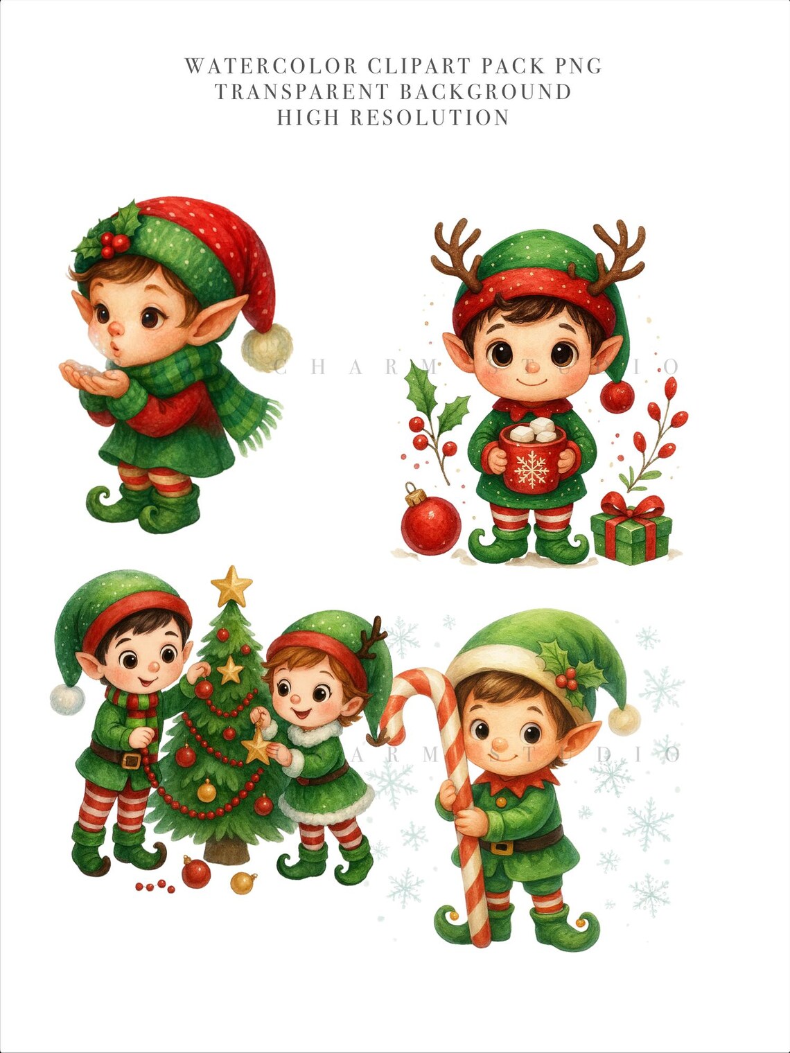 73 Watercolor Elf Clipart Set, Cute Elves PNG, Xmas Clipart, Christmas ...