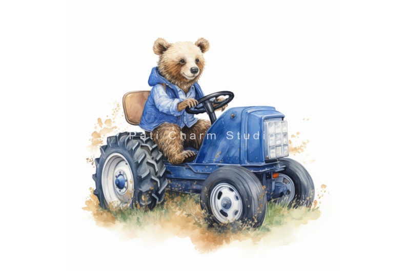 Watercolor Bear on Tractor Clipart Bundle Jpgs, Farmhouse Clipart, Cute ...