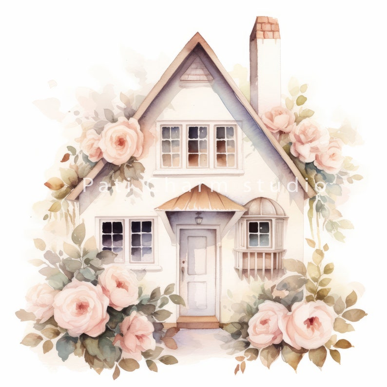 Pink Floral House Clipart, High Quality Jpgs, Blush Roses House Clipart ...