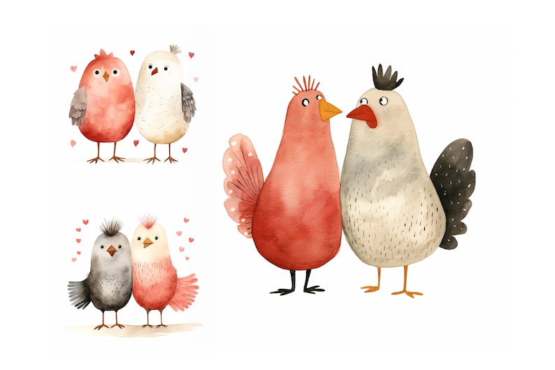 Watercolor Chicken Clipart Bundle, Cute Chicken in Love Clipart ...
