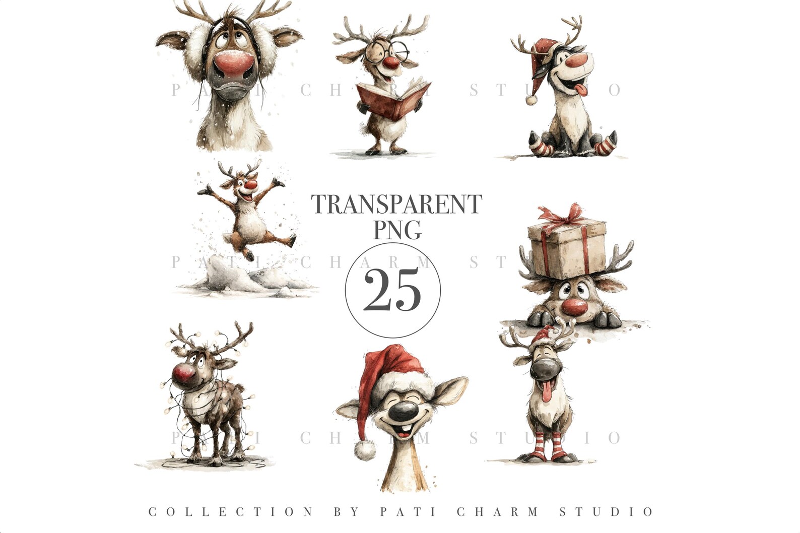 25 Reindeer Clipart Set, Cute Christmas PNG Bundle, Watercolor Holiday ...