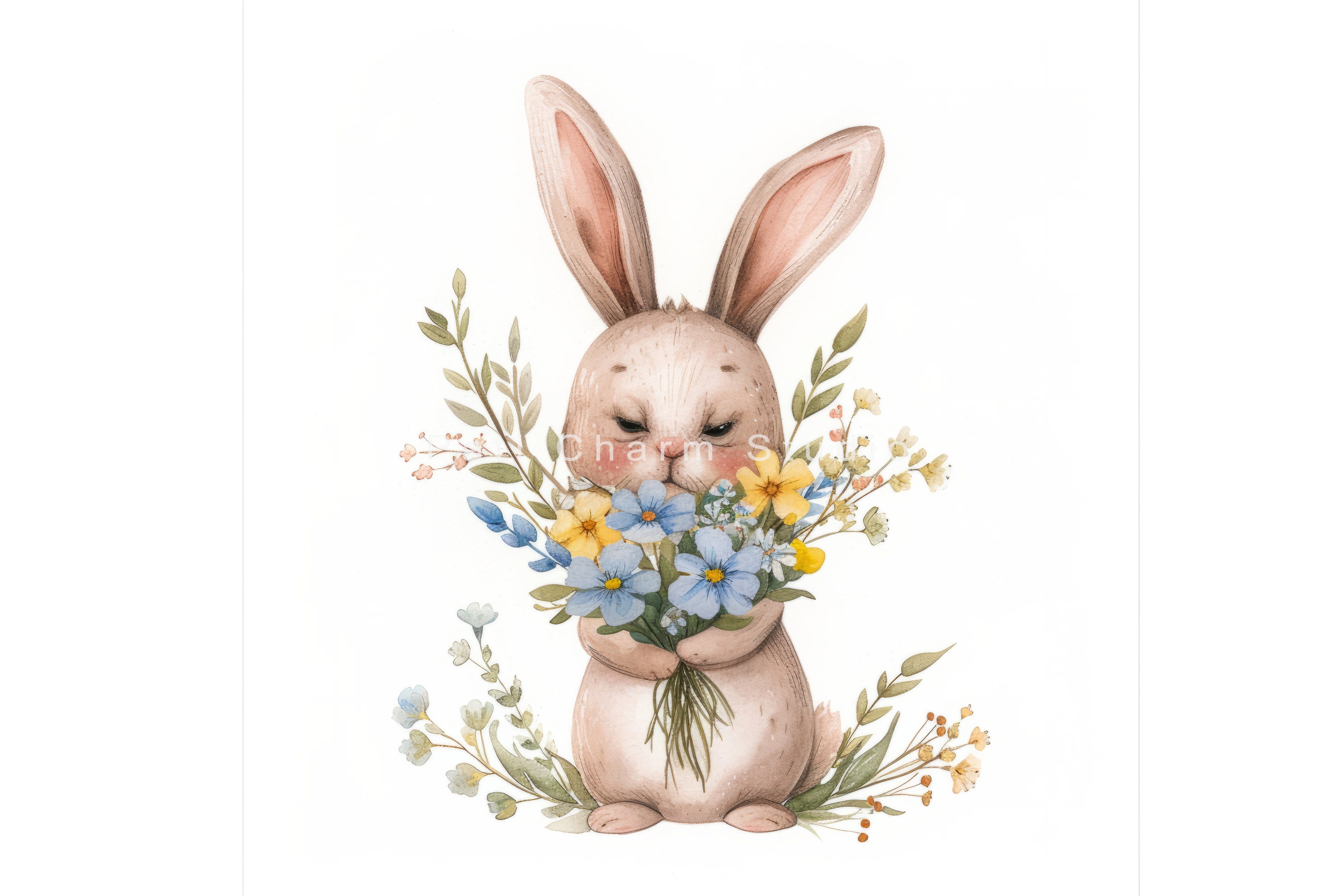Easter Bunny With Flowers Clipart Bundle, Junk Journal, Watercolor ...