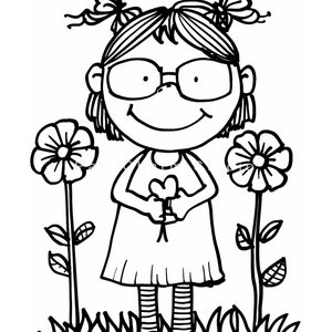 Cute Girl With Flower Coloring Page for Kids, Instant Download ...
