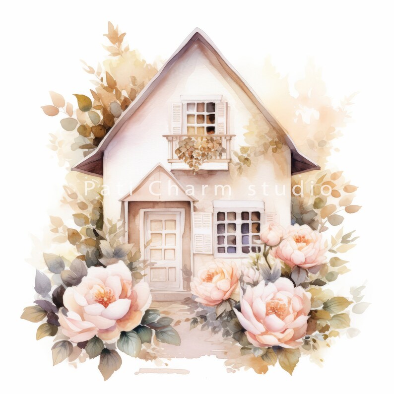 Pink Floral House Clipart, High Quality Jpgs, Blush Roses House Clipart ...