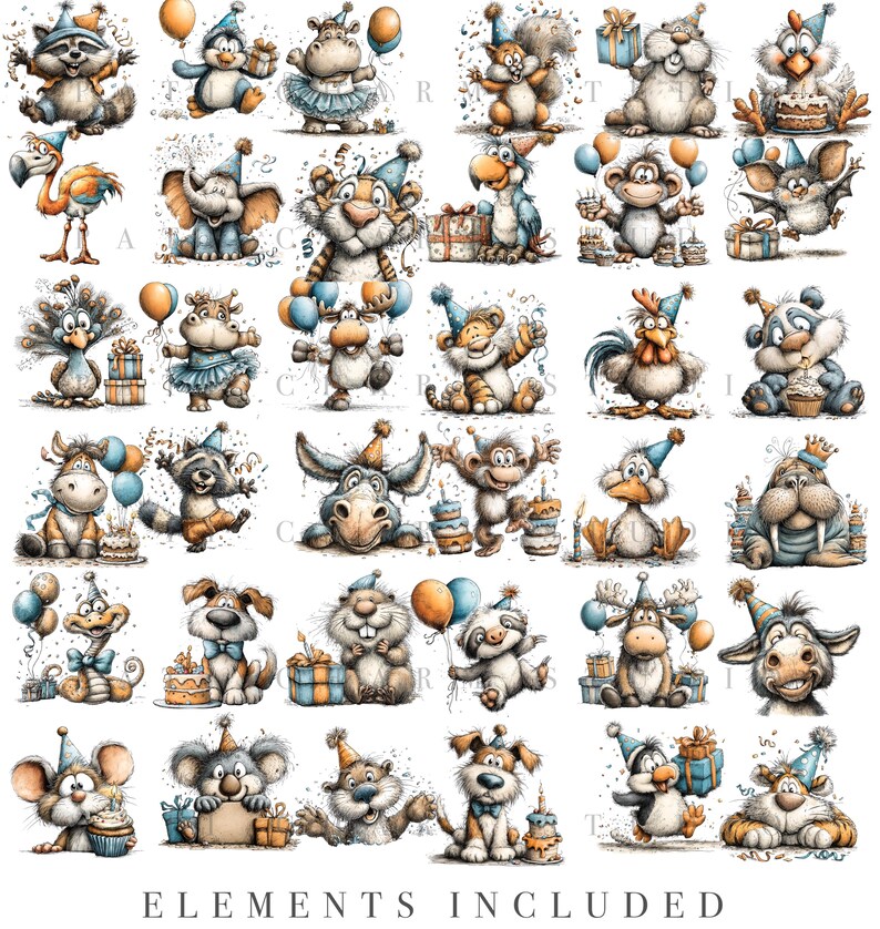 100 Cute Birthday Animals Clipart Set + Bonus Video, Cute Party Animal ...