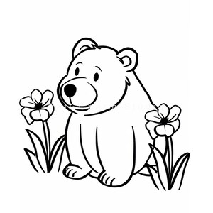 Cute Bear With Flowers Coloring Page for Kids, Instant Download ...