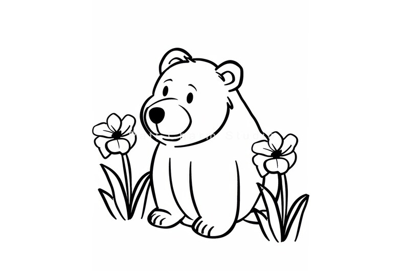 Cute Bear With Flowers Coloring Page for Kids, Instant Download ...