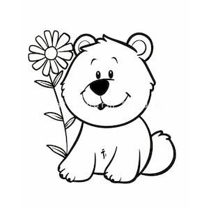 Cute Bear With Flowers Coloring Page for Kids, Instant Download ...