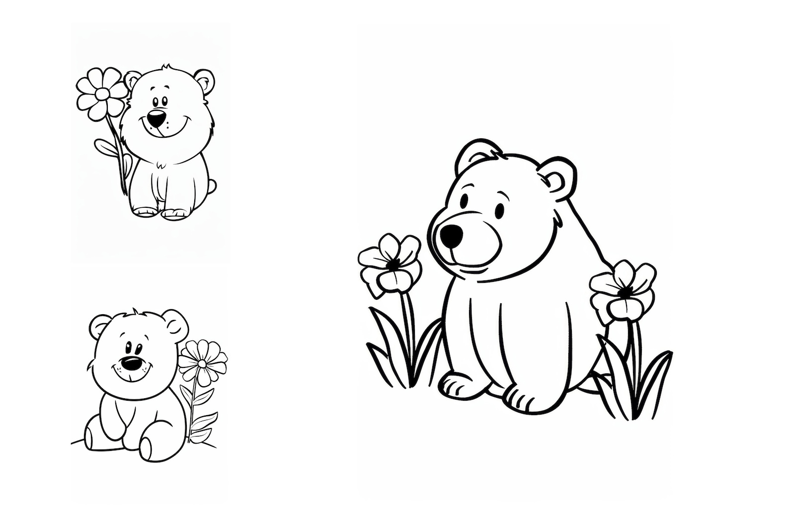 Cute Bear With Flowers Coloring Page for Kids, Instant Download ...