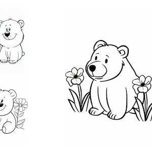 Cute Bear With Flowers Coloring Page for Kids, Instant Download ...