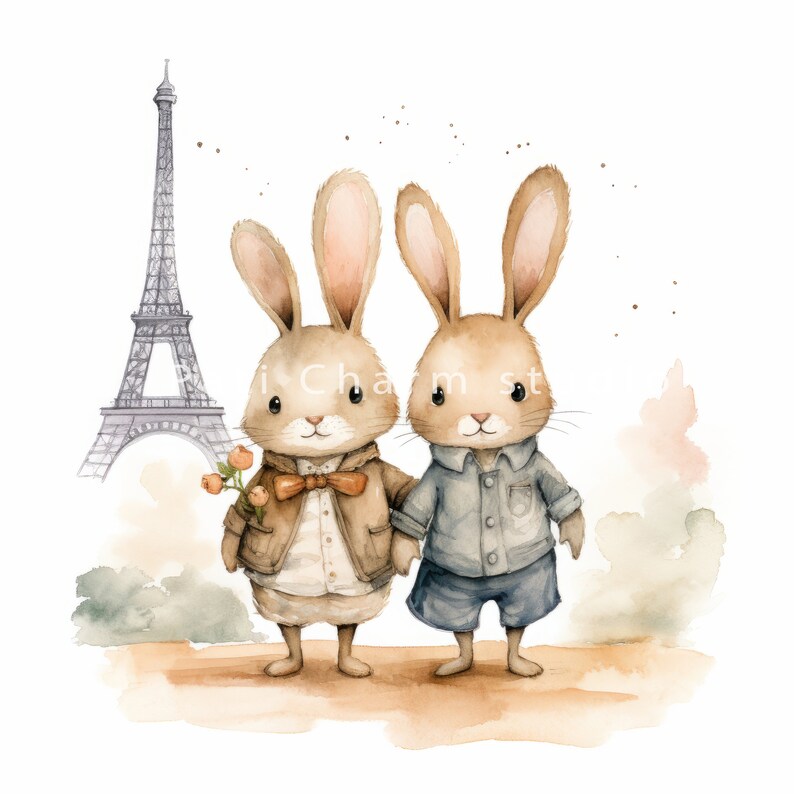 Watercolor Rabbits in Paris Clipart Bundle, High Quality Jpgs, Couples ...