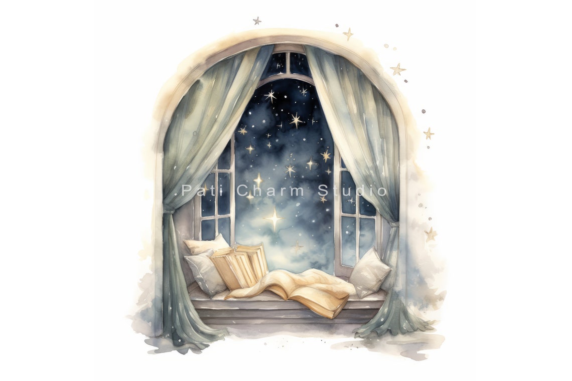 Watercolor Night Window Clipart Bundle, Jpgs, Good Night Clipart, Baby ...
