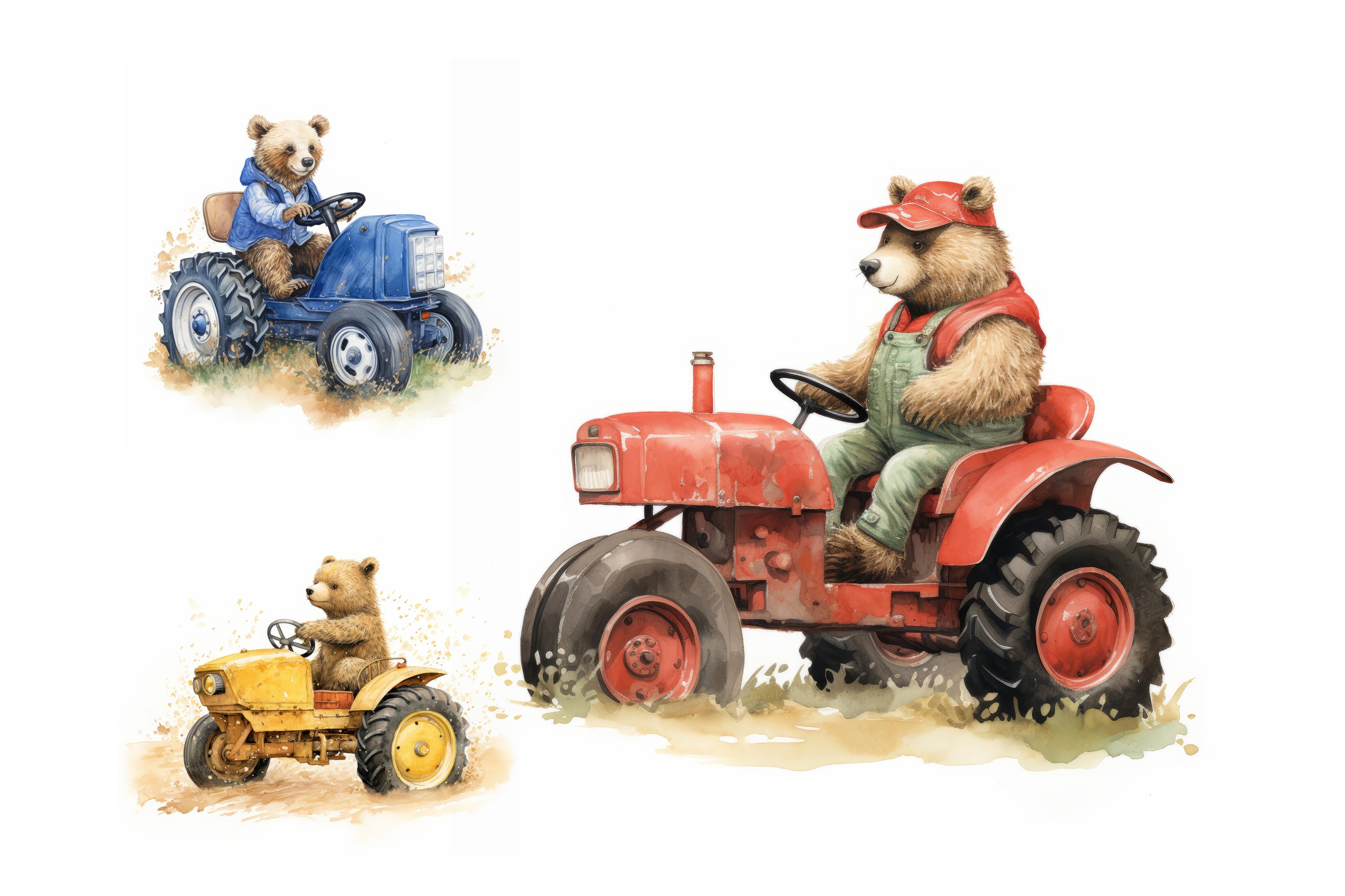Watercolor Bear on Tractor Clipart Bundle Jpgs, Farmhouse Clipart, Cute ...
