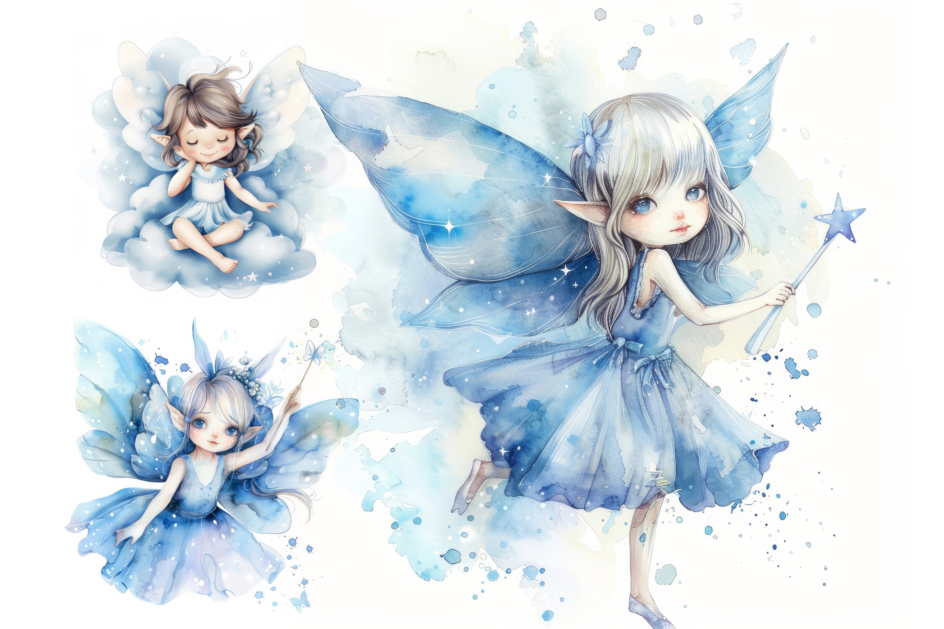 Watercolor Blue Fairy Clipart Bundle, Nursery Clipart Pack, Blue ...