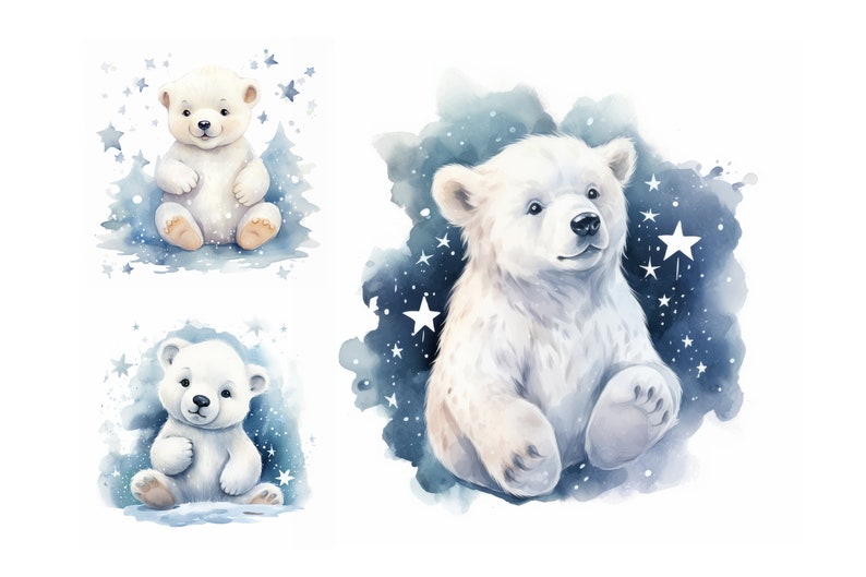 Watercolor Polar Bear Clipart Bundle, High Quality Jpgs, Cute White ...