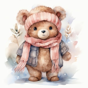 Winter Teddy Bear Clipart Bundle, Watercolor Bear Clipart, Nursery ...