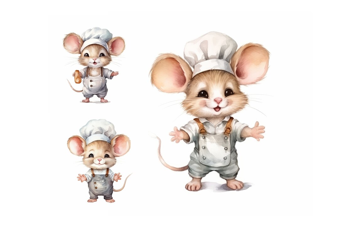 Watercolor Mouse Chef Clipart Bundle JPG, Cute Baking Supplies Clipart ...