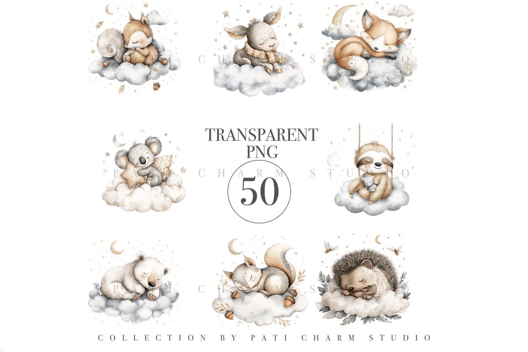 Sleepy Animals Clipart Bundle, 50 Sleeping Woodland Creatures PNG ...