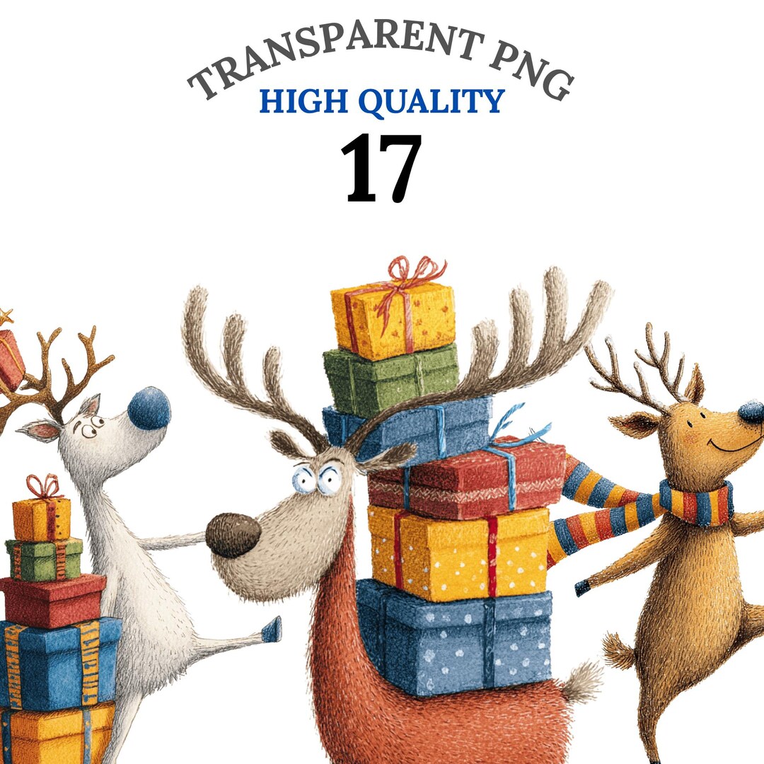 Quirky Reindeers Clipart PNG Set, Cute Christmas Deer Graphics, Funny ...