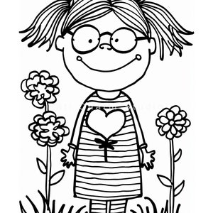 Cute Girl With Flower Coloring Page for Kids, Instant Download ...