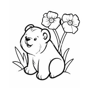 Cute Bear With Flowers Coloring Page for Kids, Instant Download ...