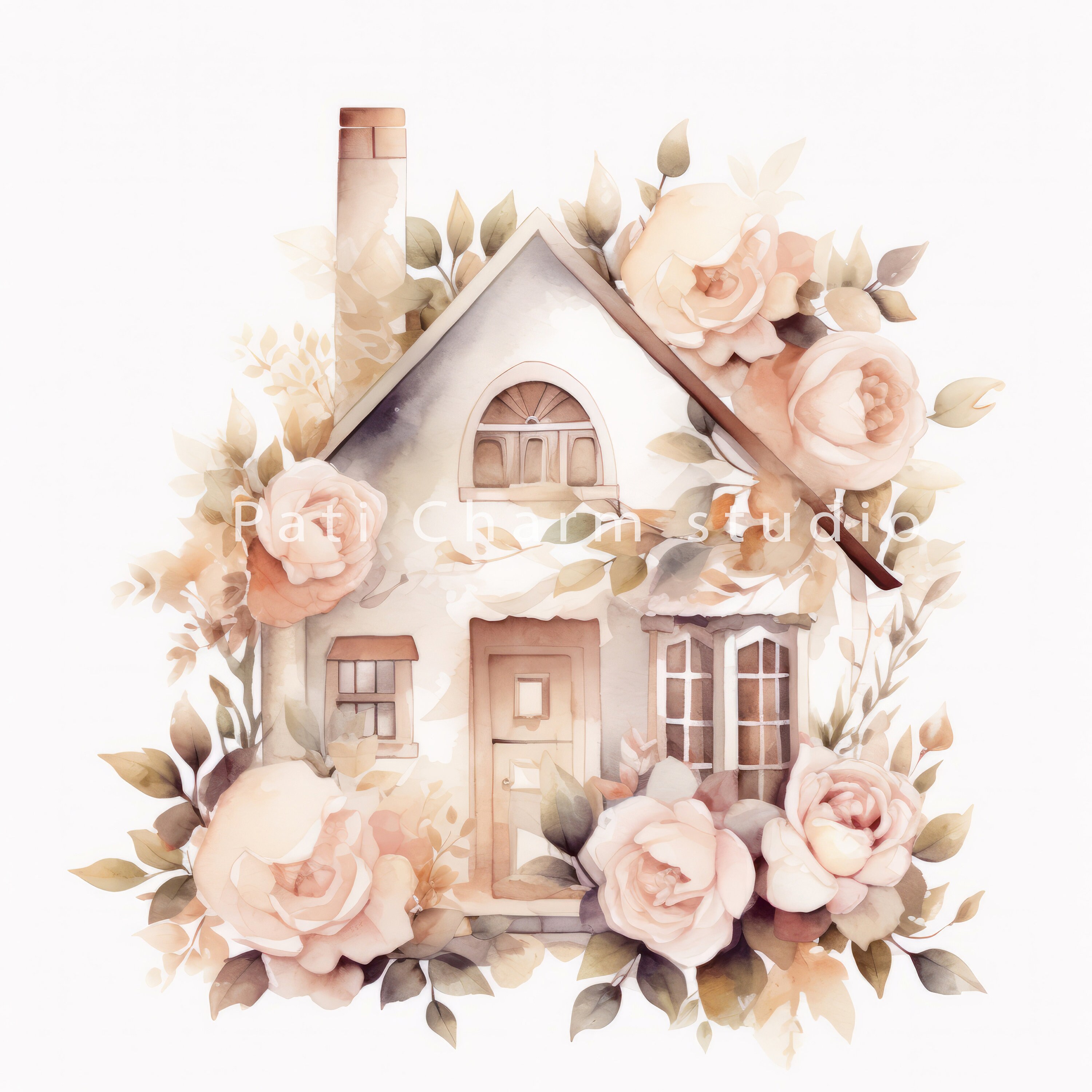 Pink Floral House Clipart, High Quality Jpgs, Blush Roses House Clipart ...