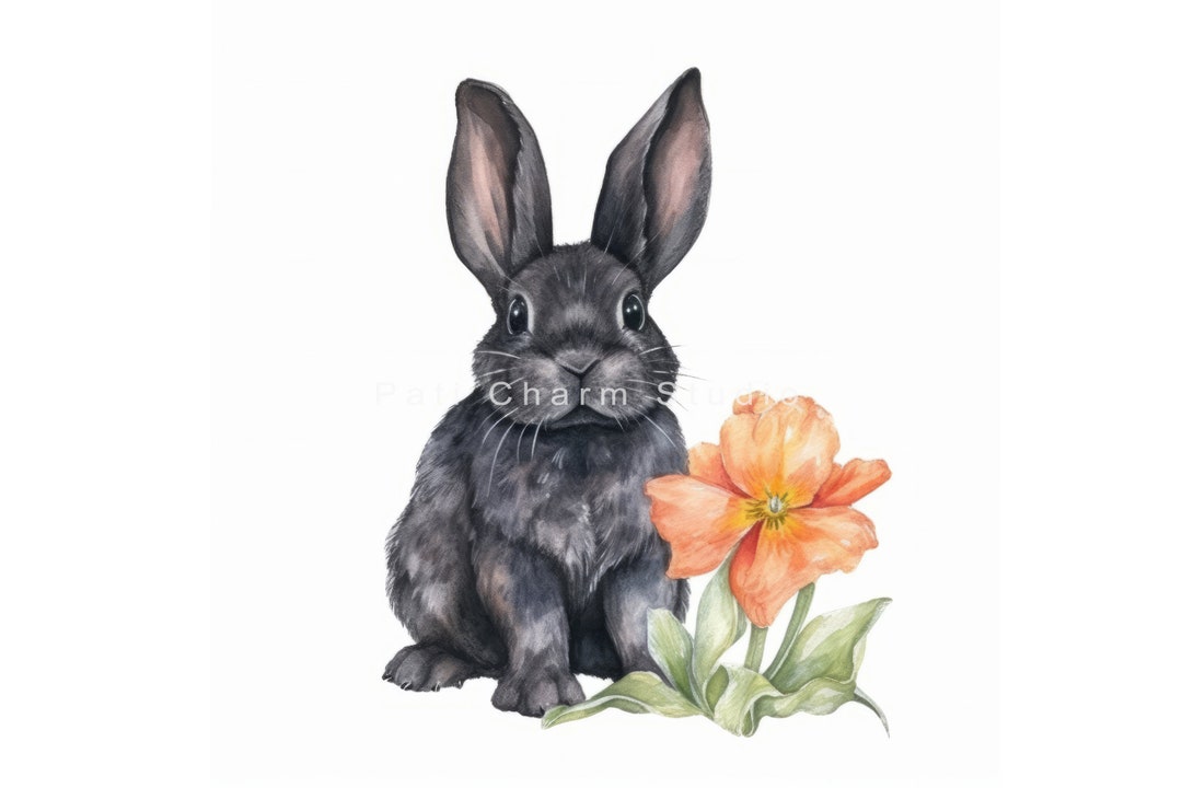 9 Black Bunny With Flower Clipart Bundle, Black Rabbit Clipart, Paper ...