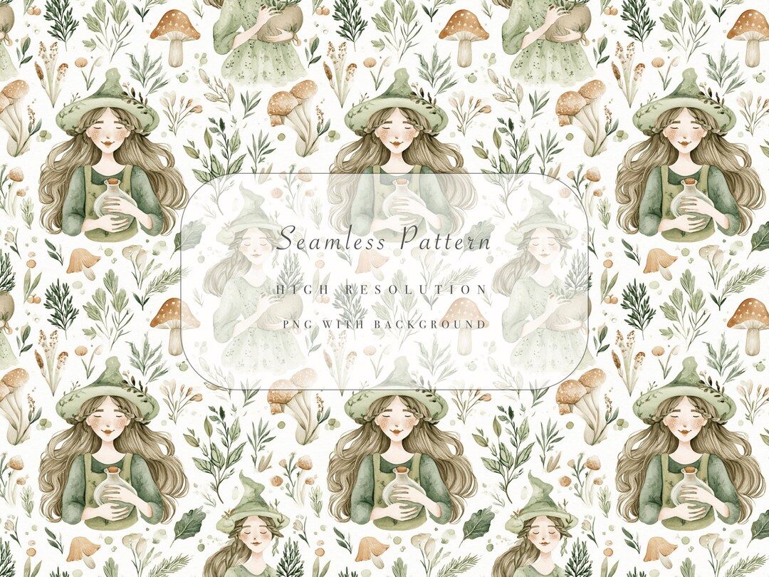 Forest Witch Seamless Pattern, Green Witch Digital Paper, Mushroom ...