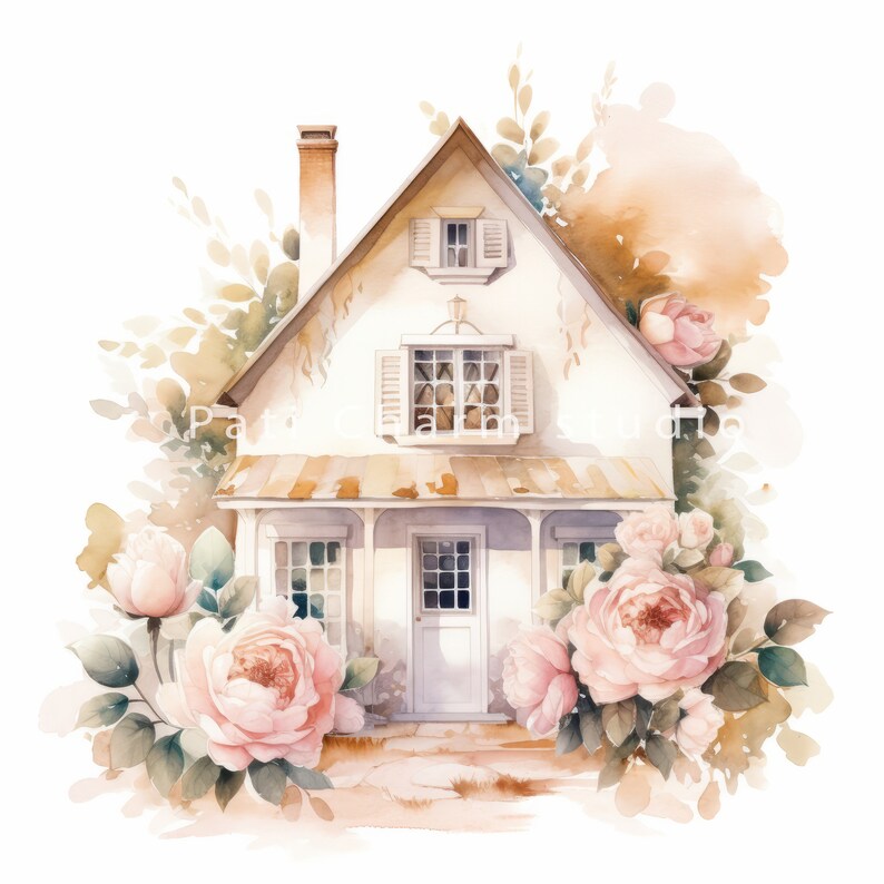 Pink Floral House Clipart, High Quality Jpgs, Blush Roses House Clipart ...