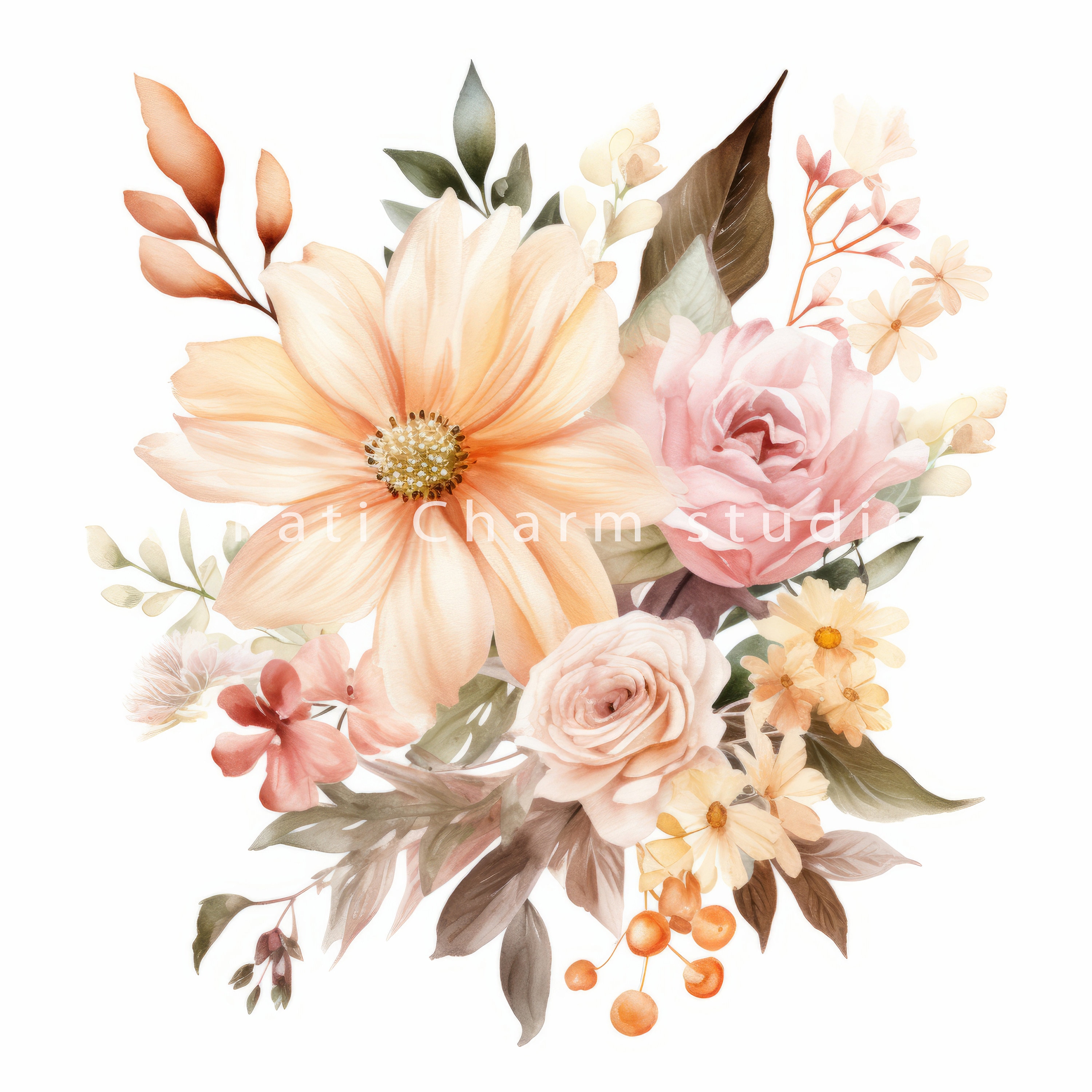 Pink Floral Bouquet Clipart Commercial Use JPG Watercolor - Etsy