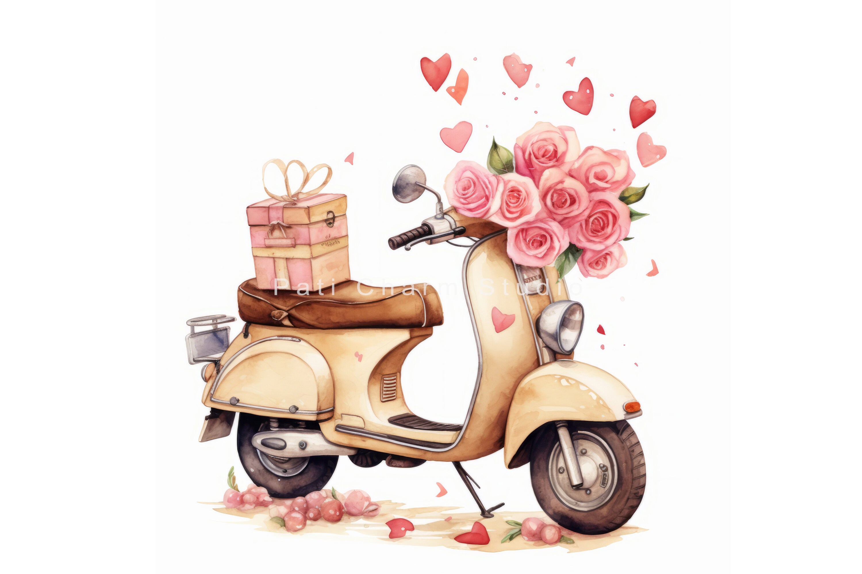 Watercolor Vespa Clipart Bundle, Romantic Clipart, Watercolor Heart ...