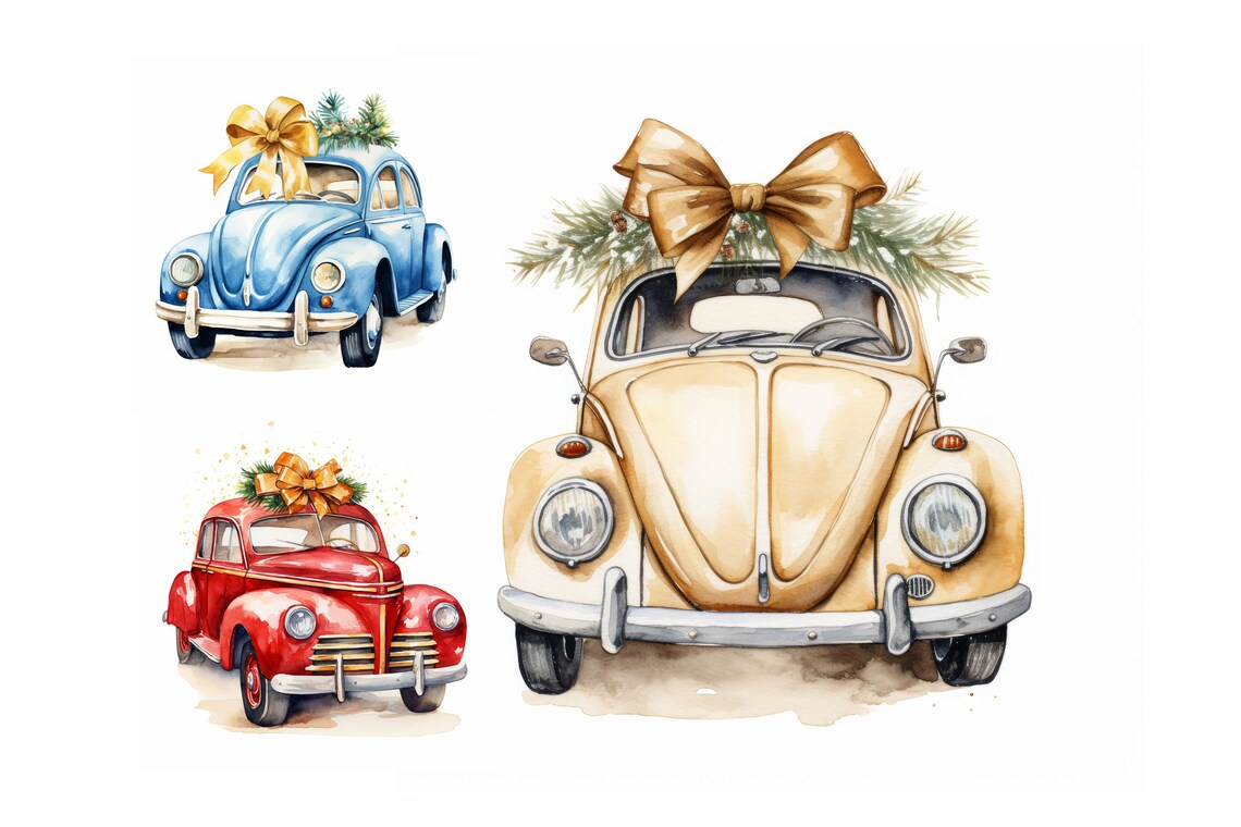 Christmas Cars Retro Clipart Bundle Vintage Car Holiday - Etsy