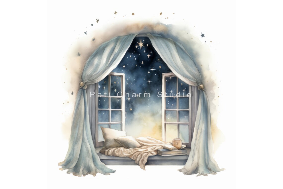 Watercolor Night Window Clipart Bundle, Jpgs, Good Night Clipart, Baby ...