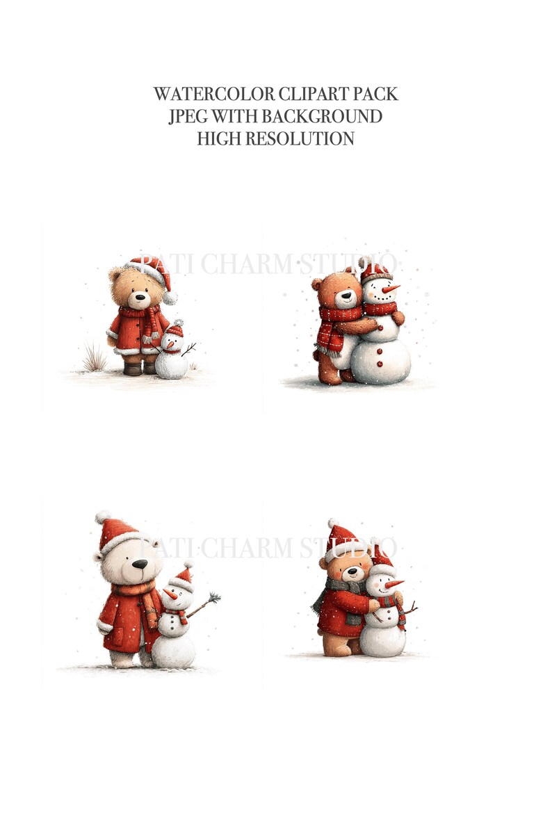 Bear With Snowman Clipart Set, Cute Christmas Bears With Snowmen ...